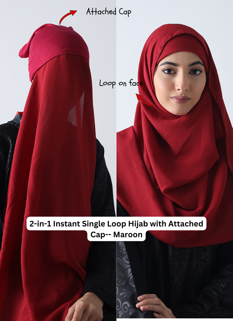 2-in-1 Instant Single Loop Hijab with Attached Cap -- Maroon – My Ridah