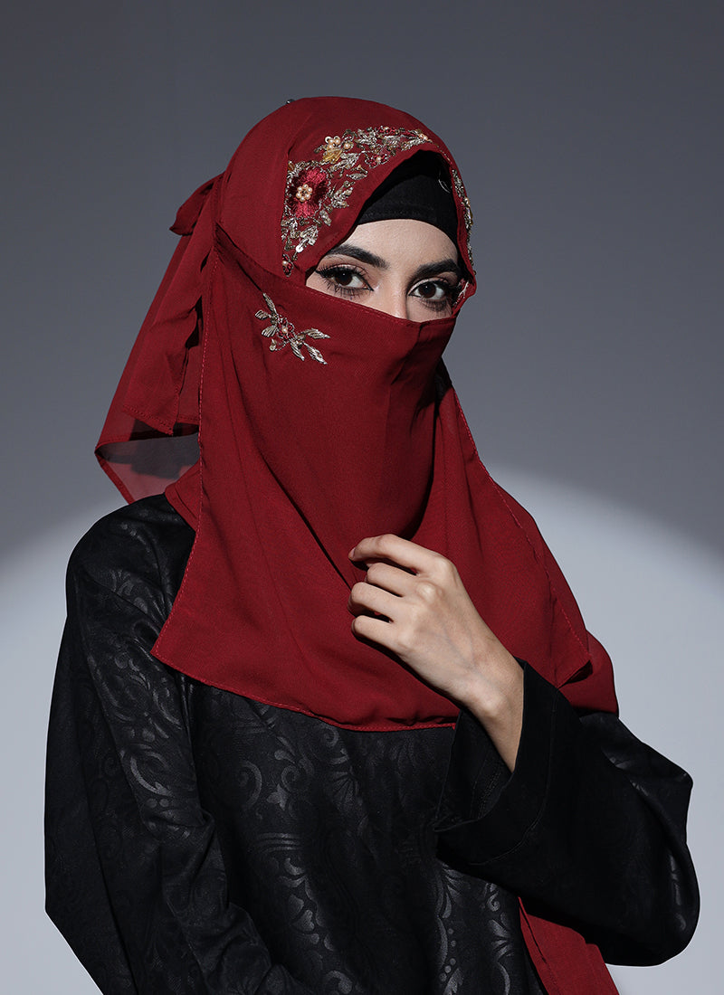 Fancy Embroidered Hijab Niqab Set - Maroon – My Ridah