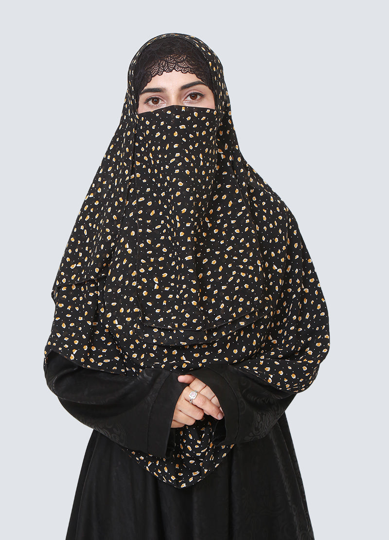 Double Loop Hijab With Attached Niqab - Printed Black With Yellow Flow ...